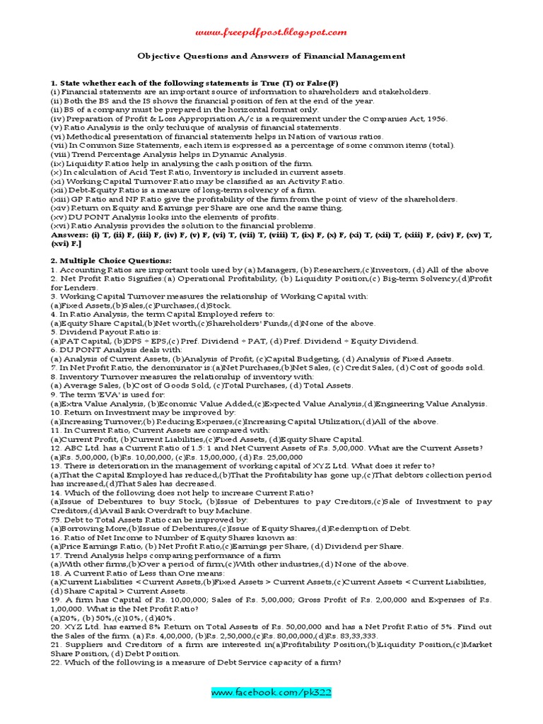 Objective Questions and Answers of Financial Management | PDF | Cost Of ...