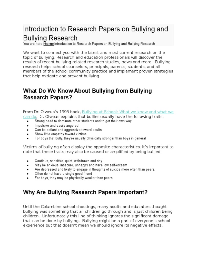 Introduction To Research Papers On Bullying and Bullying Research ...