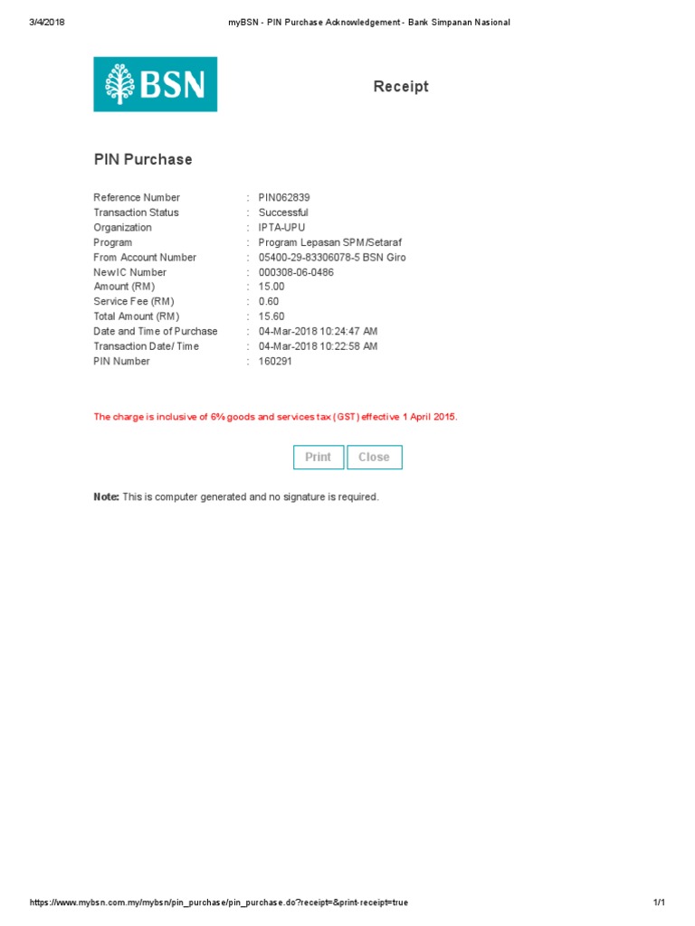 BSN PIN Purchase Receipt - March 2018 | PDF | Career & Growth | Finance ...
