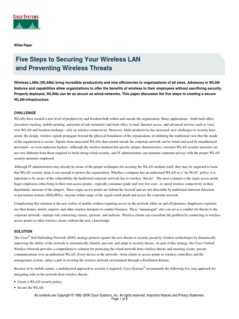Five Steps To Securing Your Wireless LAN and Preventing Wireless Threats | PDF | Wireless Lan ...