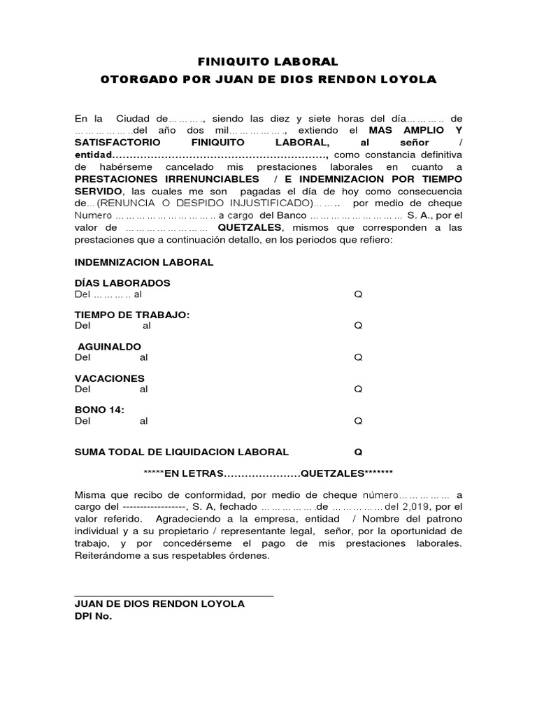 Finiquito Laboral Modelo Pdf