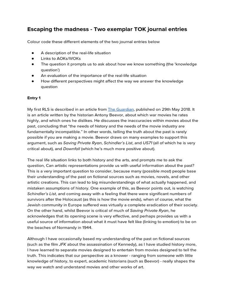 I.8 Escaping The Madness Exemplar Journal Entries | PDF | Knowledge ...