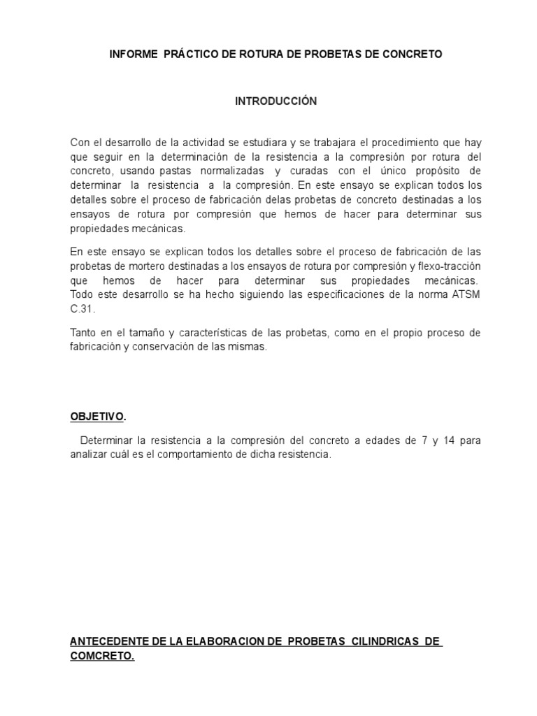 Informe Práctico de Rotura de Probetas de Concreto Alex A | PDF ... Informe Práctico de Rotura de Probetas de Concreto Alex A | PDF ...