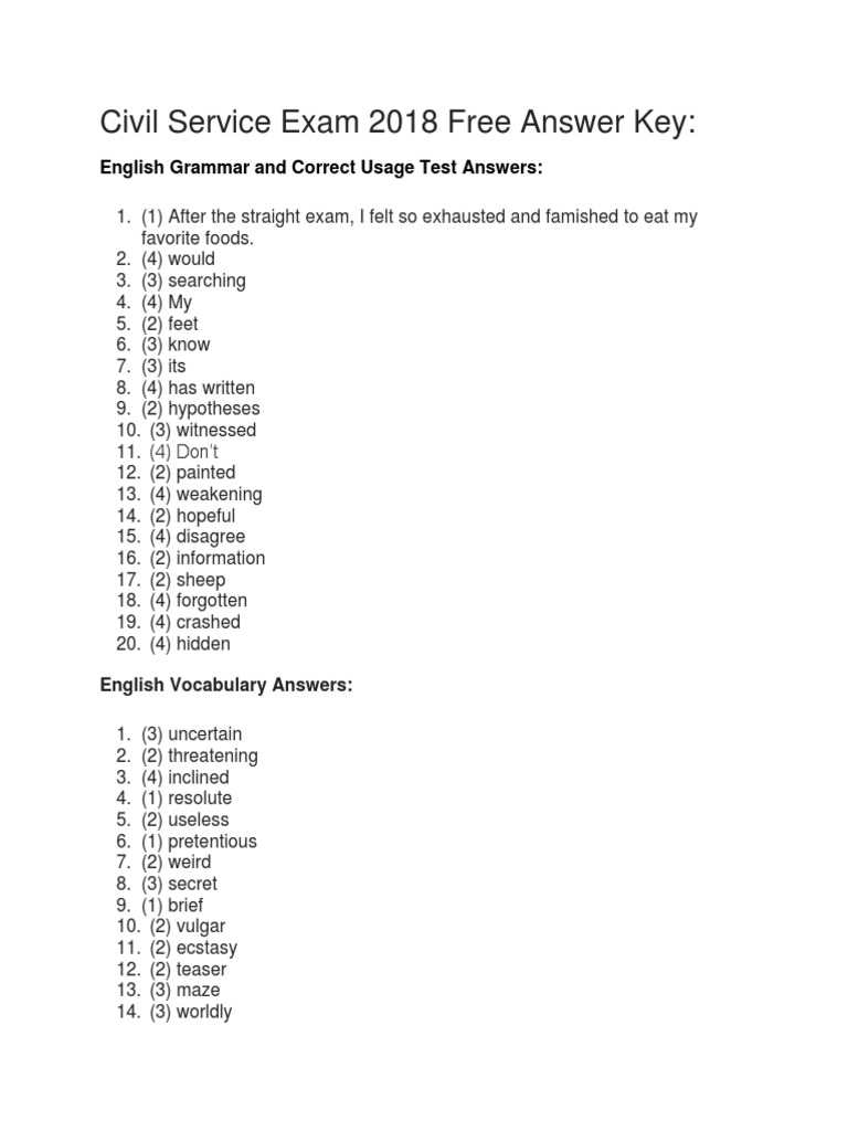 Civil Service Exam 2018 Free Answer Key:: English Grammar and Correct ...