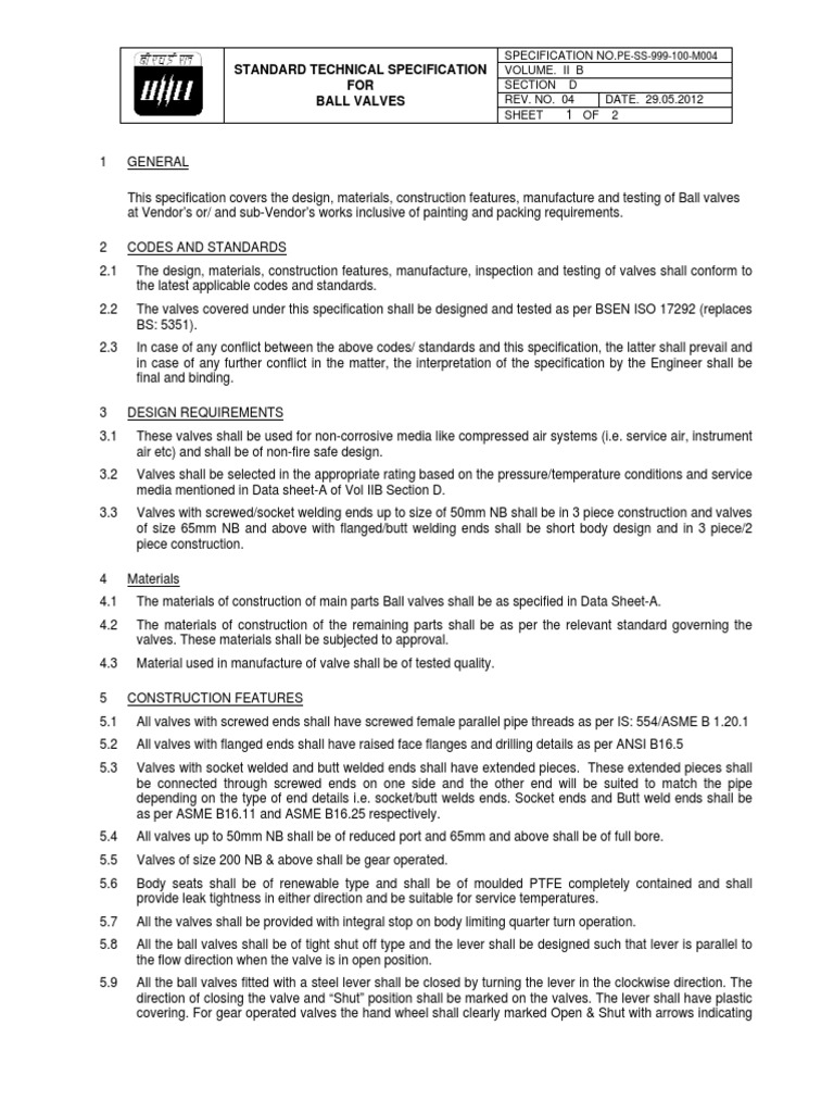 Ball Valve Technical Specification Guide | PDF | Valve | Specification ...