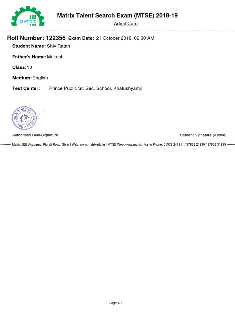 Matrix Talent Search Exam (MTSE) 2018-19: Admit Card | PDF