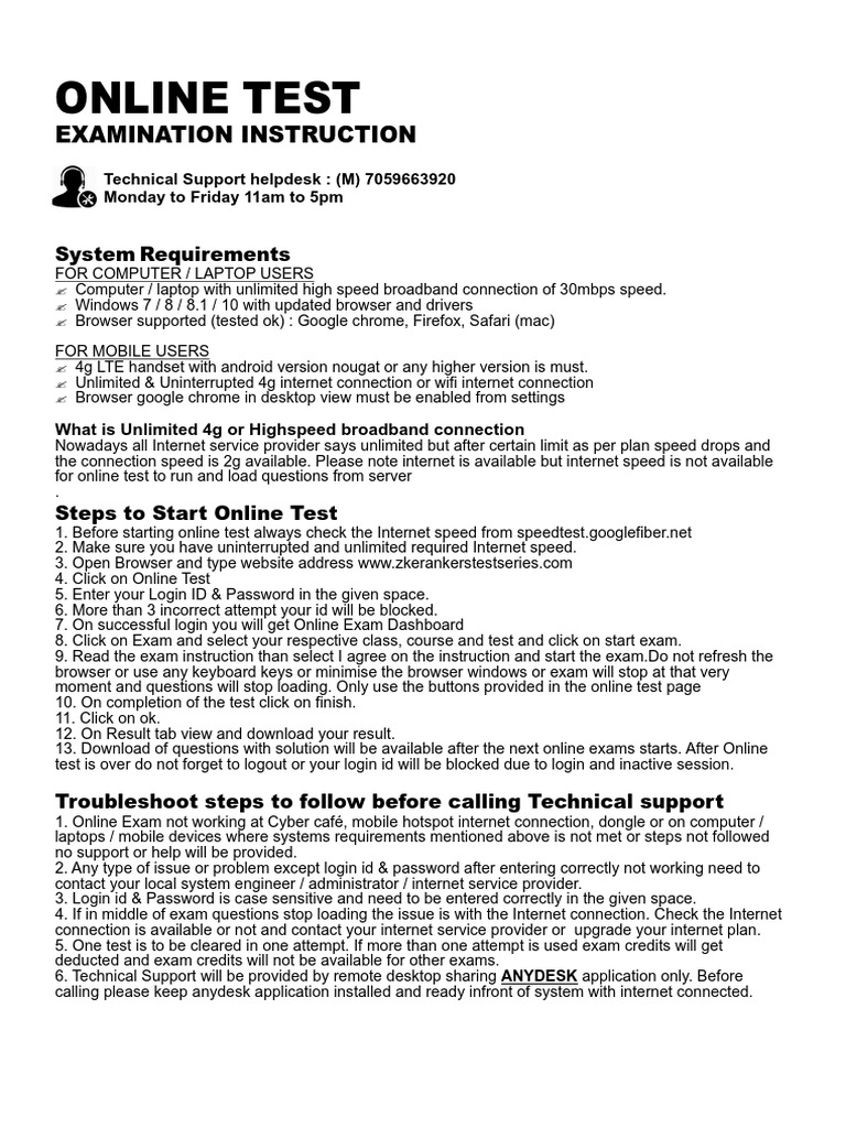 Online Exam Instructions and Guidelines | PDF | Technical Support ...