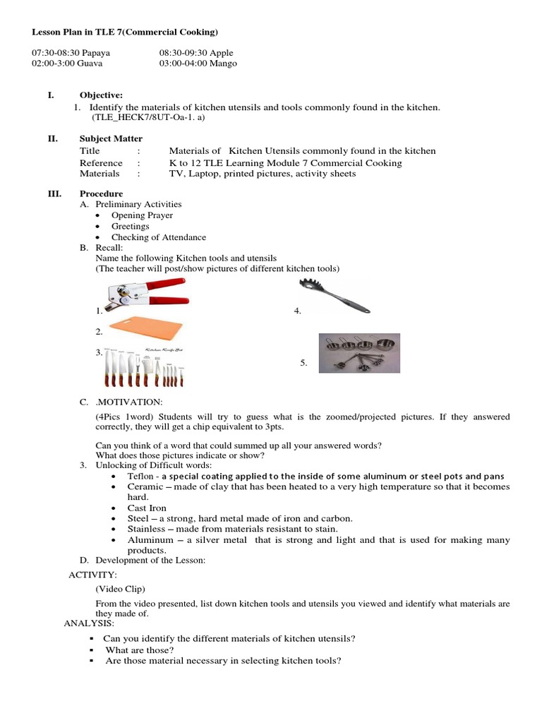Lesson Plan in TLE 7COMMERCIAL COOKING | PDF | Cookware And Bakeware ...