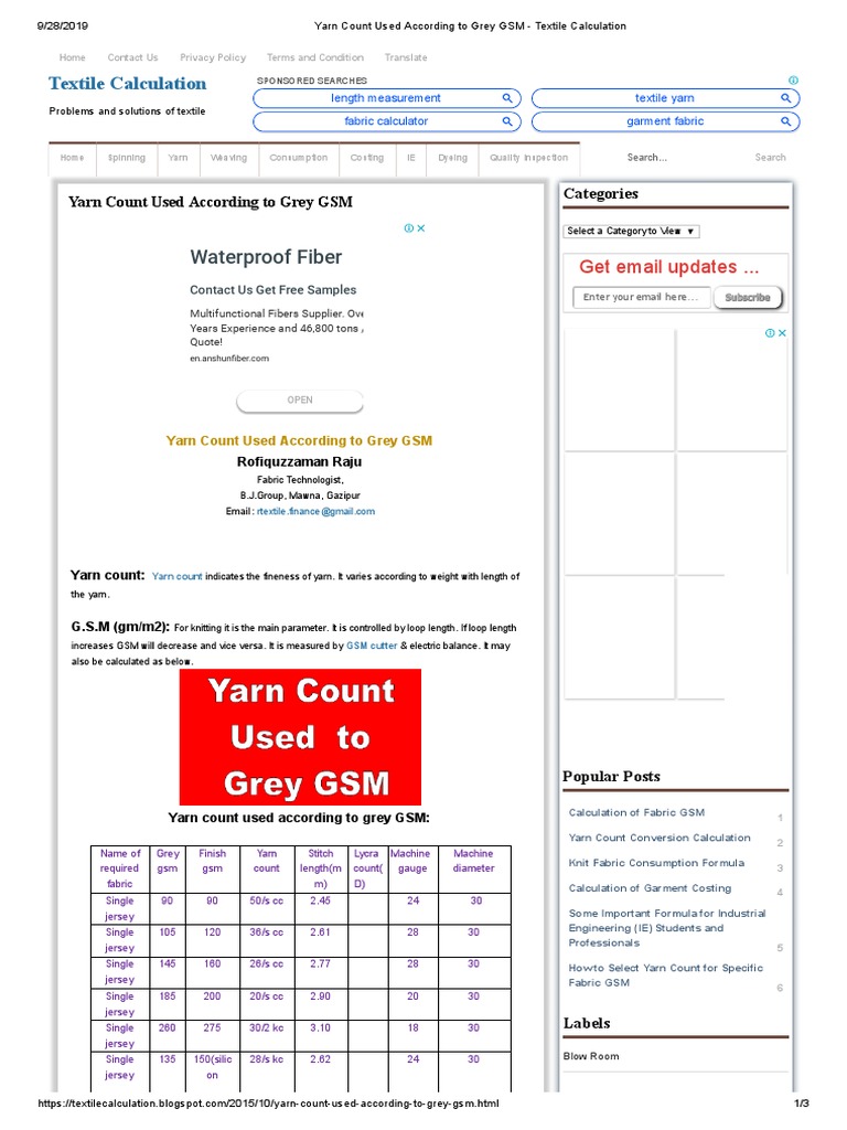 Yarn Count Used According To Grey GSM - Textile Calculation | PDF ...