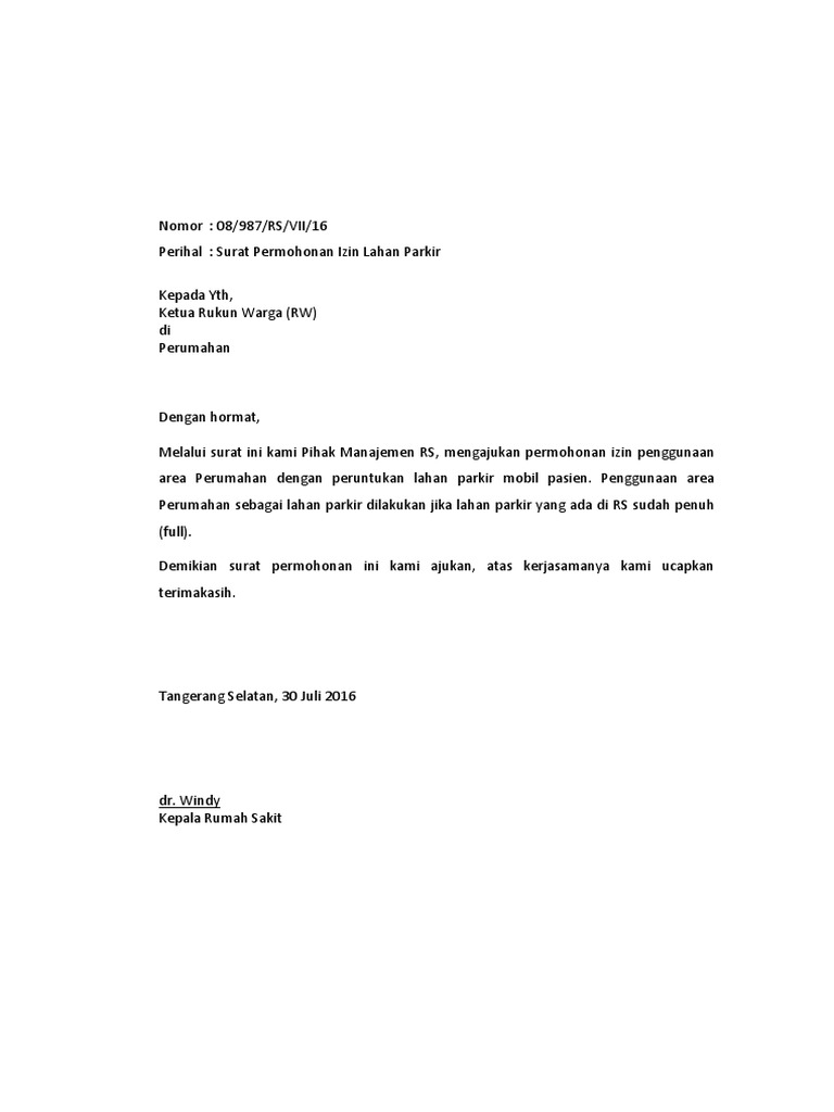 Surat Permohonan Izin Lahan Parkir PDF | PDF