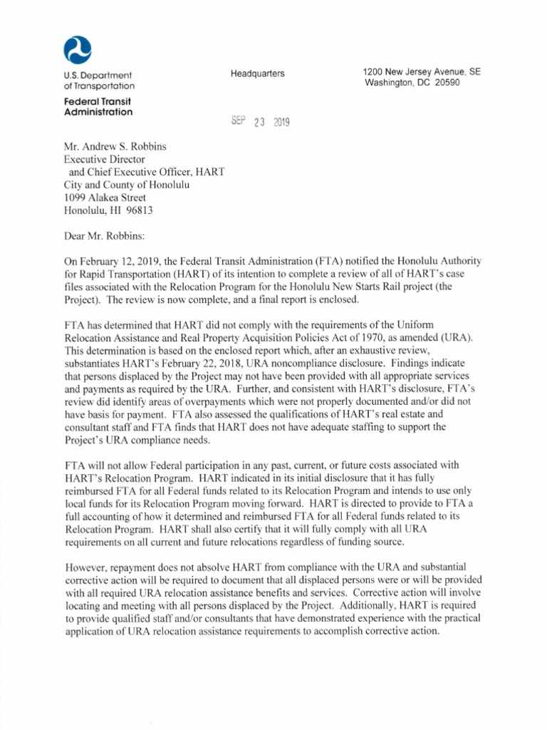 FTA Letter To HART | PDF