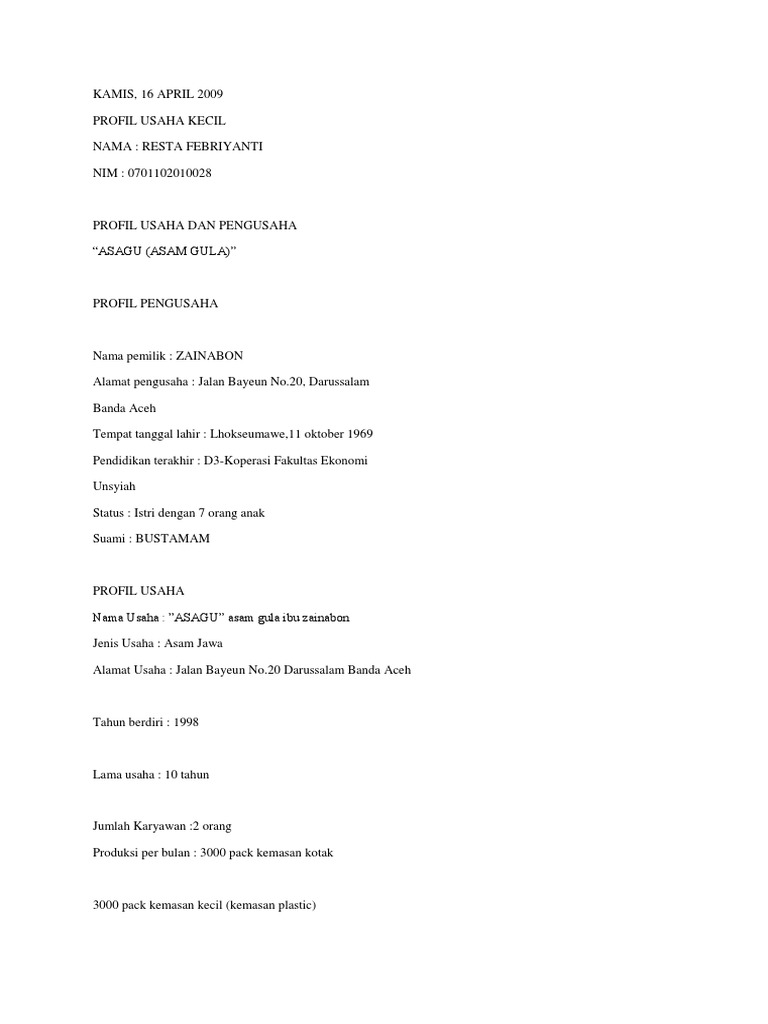 Contoh Profil Usaha Kecil | PDF