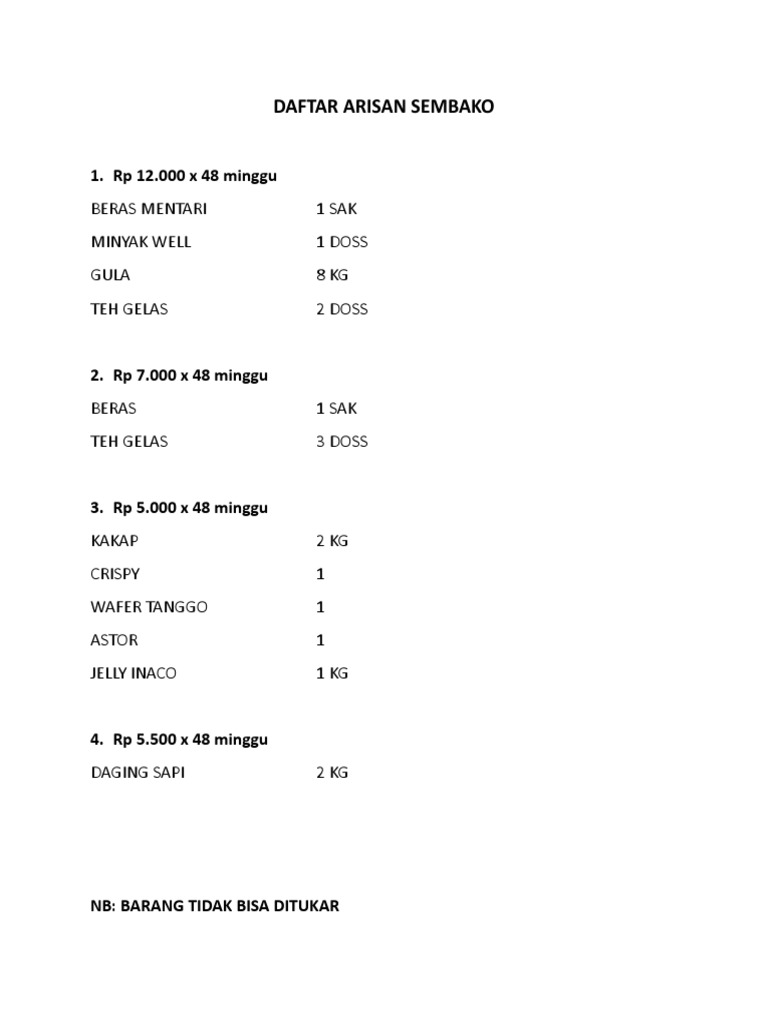 Daftar Arisan Sembako | PDF