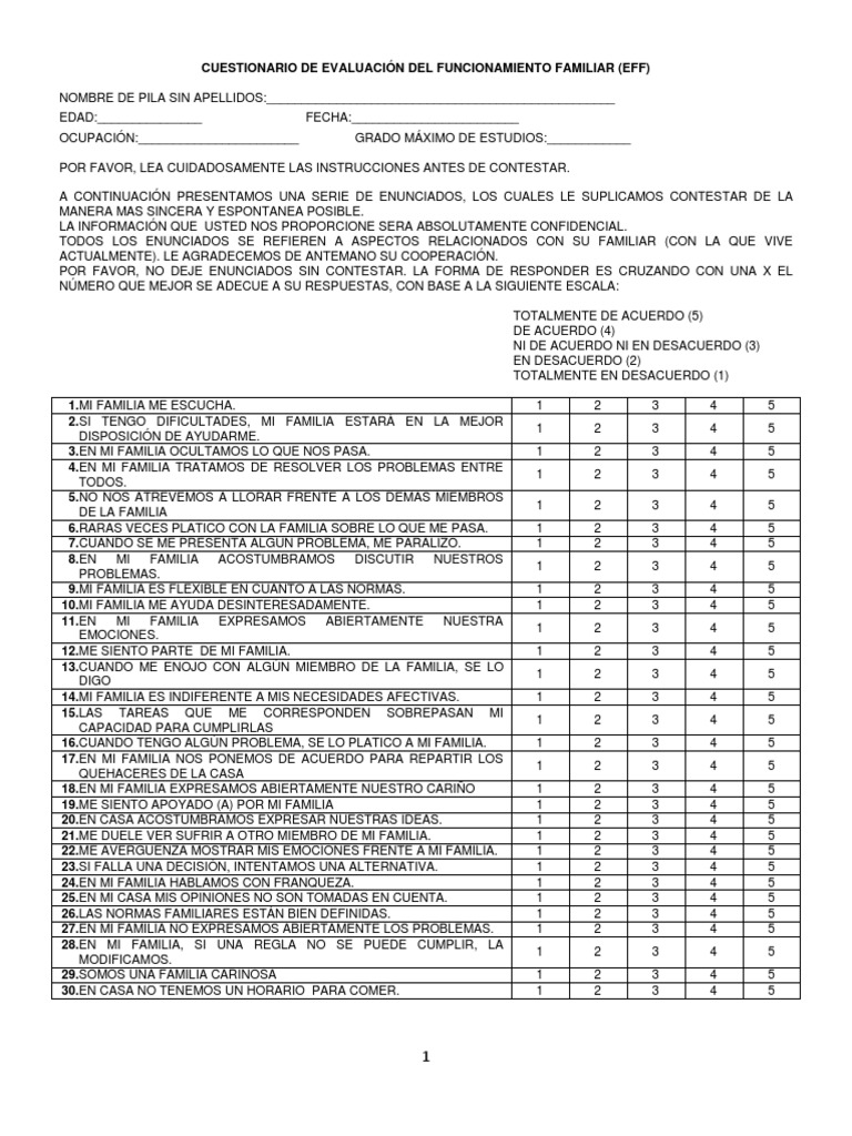 Cuestionario de Evaluacion Del Funcionamiento Familiar (Eff) | PDF