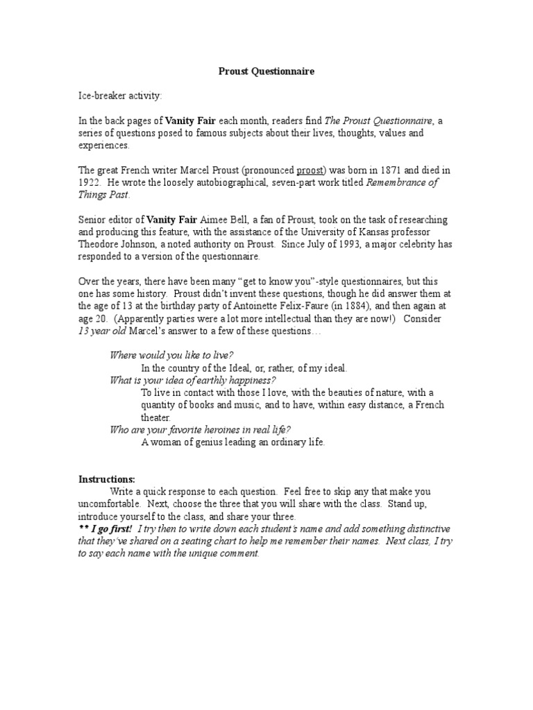Proust Questionnaire: I Go First! I Try Then To Write Down Each Student ...