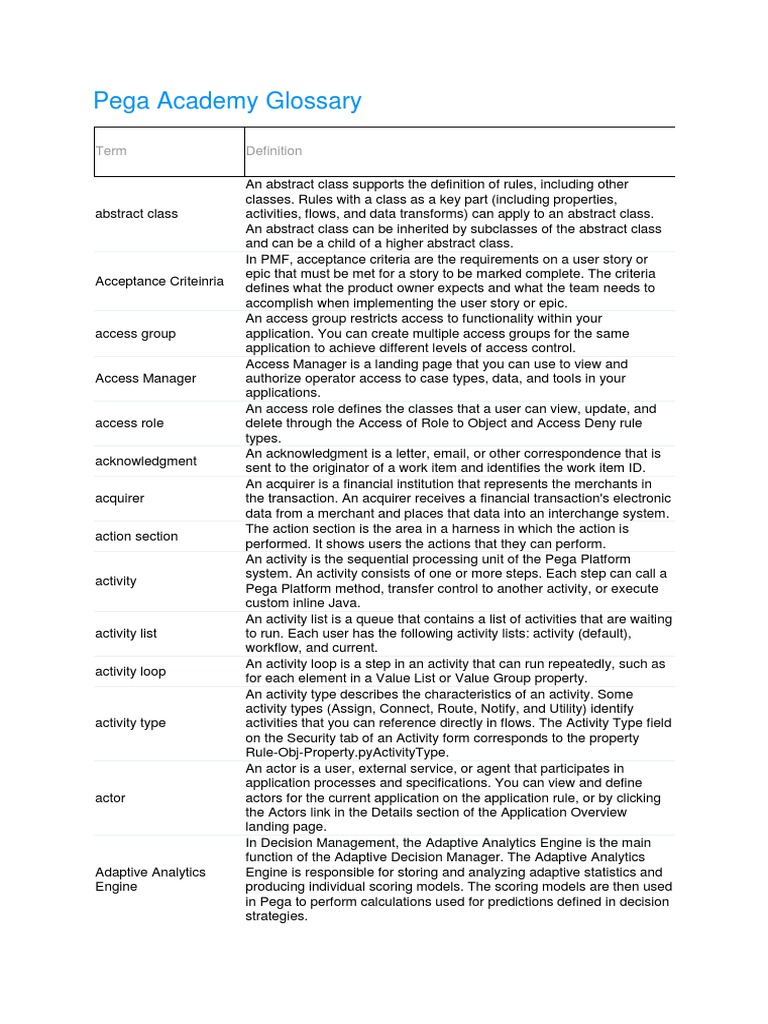 Pega Academy Glossary | PDF | Class (Computer Programming) | Ajax (Programming)