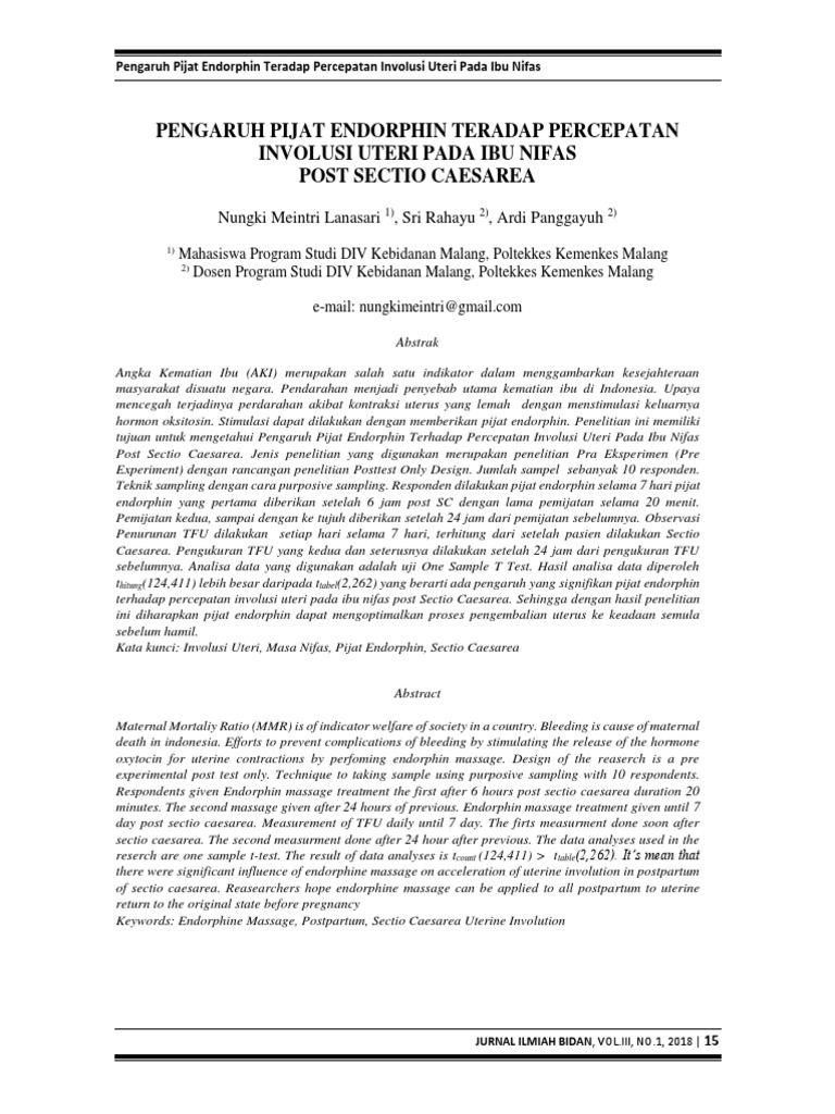 Pengaruh Pijat Endorphin Teradap Percepatan Involusi Uteri Pada Ibu Nifas Post Sectio Caesarea | PDF