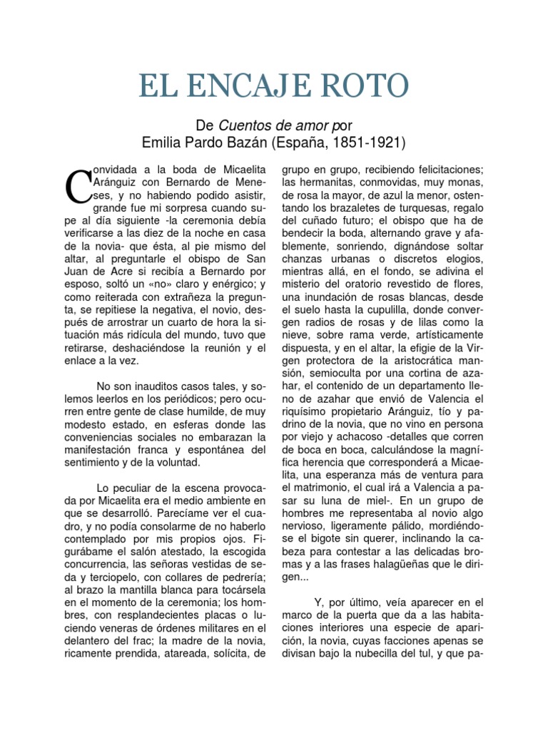 El Encaje Roto: de Cuentos de Amor Por Emilia Pardo Bazán (España, 1851 ...