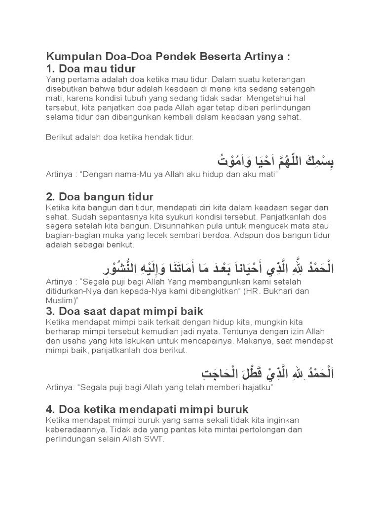 Kumpulan Doa-Doa Pendek Beserta Artinya: 1. Doa Mau Tidur | PDF