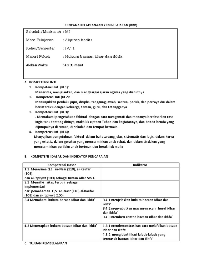 RPP Hukum Bacaan Izhar Dan Ikhfa | PDF