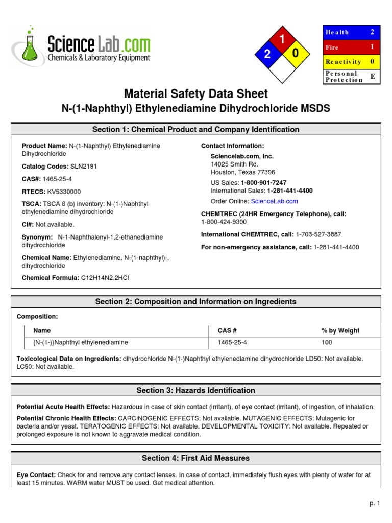 N - (1-Naphthyl) Ethylenediamine Dihydrochloride MSDS: Section 1 ...