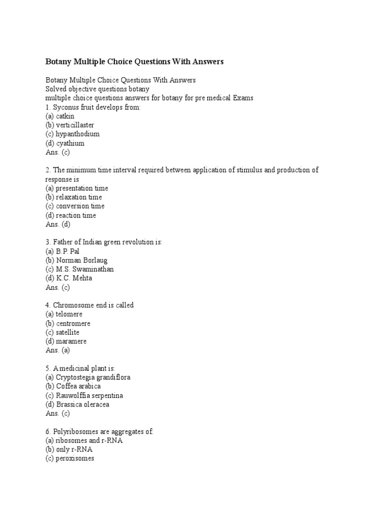 Botany MCQs with Answers for Exams | PDF | Plant Hormone | Biology