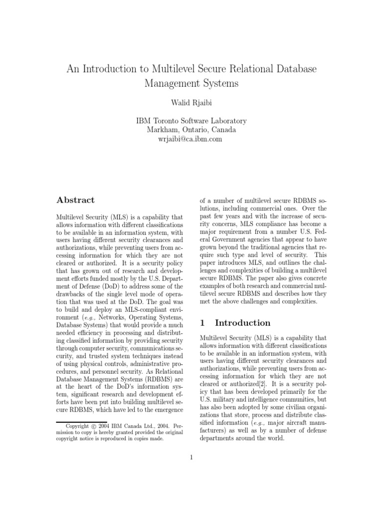 An Introduction To Multilevel Secure Relational Database Management Systems Pdf Classified