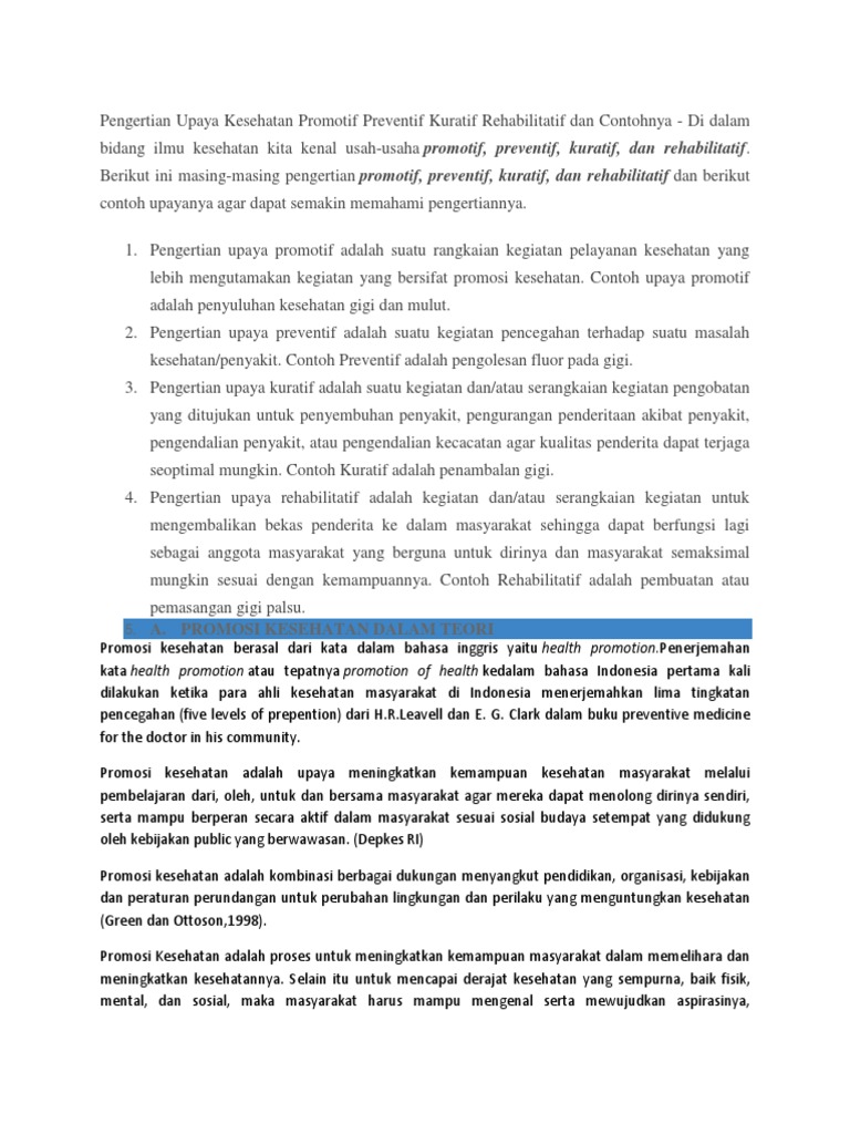 Pengertian Upaya Kesehatan Promotif Preventif Kuratif Rehabilitatif Dan ...