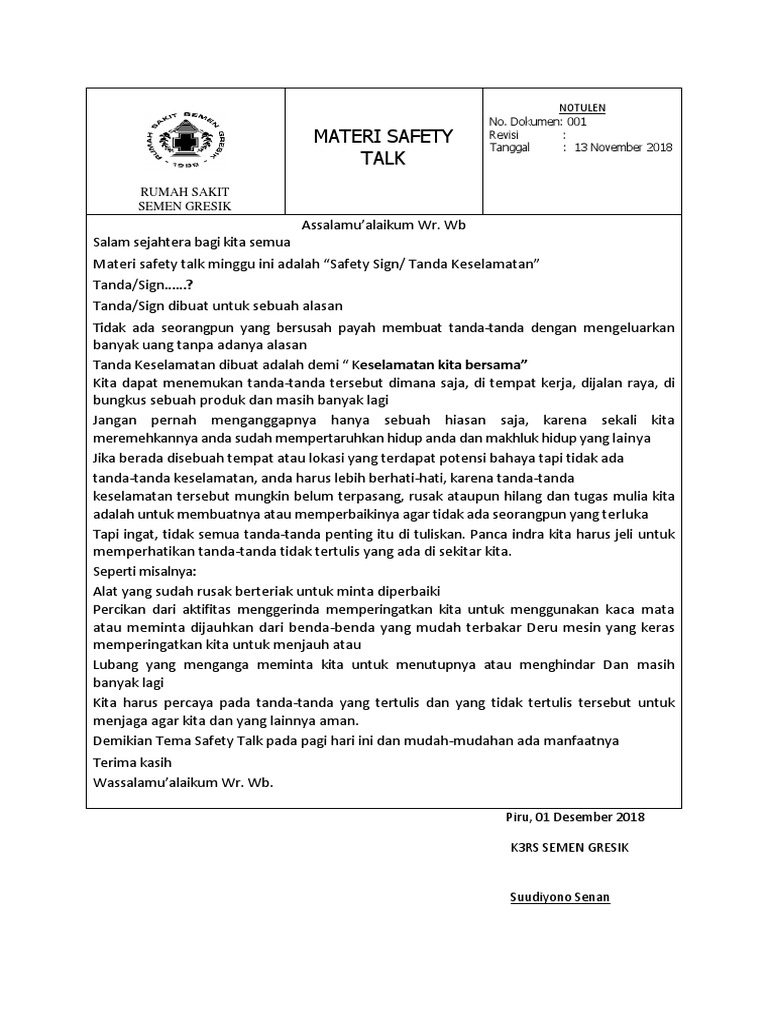 Notulen Safety Talk | PDF
