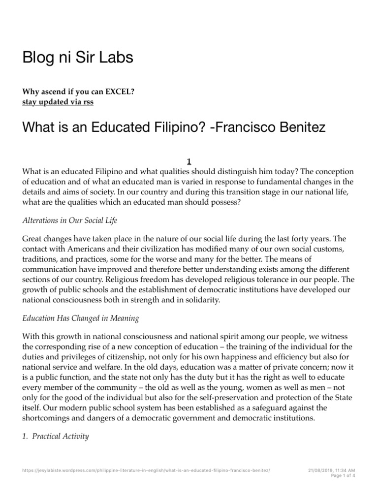 What Is An Educated Filipino - Francisco Benitez Blog Ni Sir Labs | PDF ...