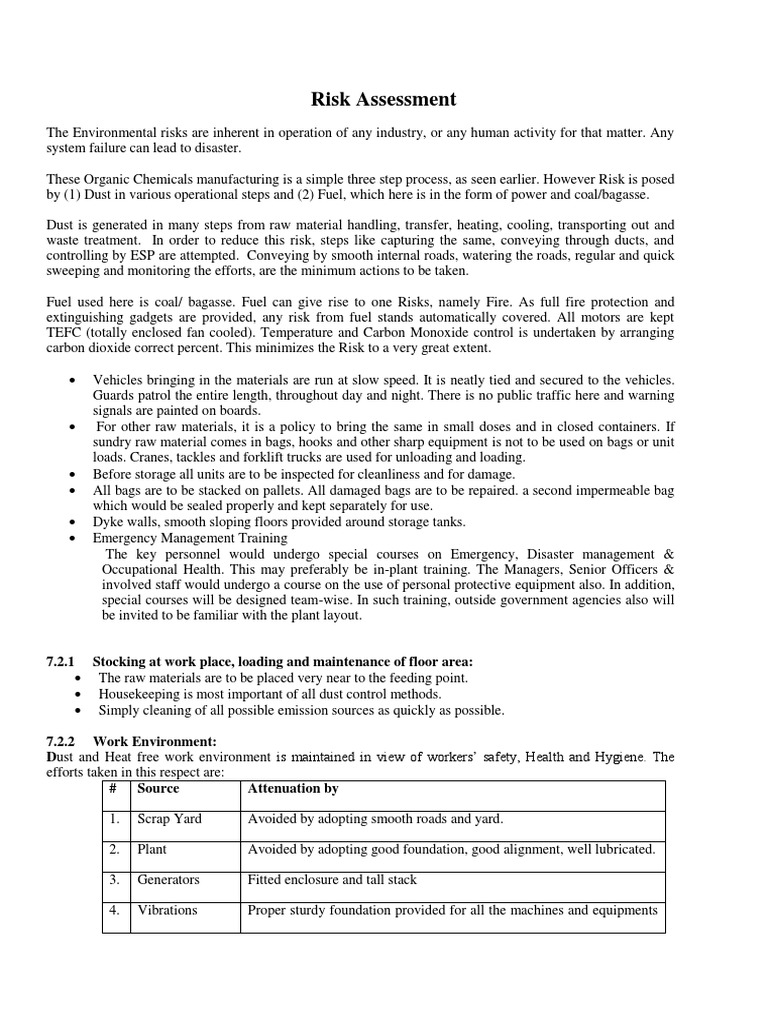 Risk Assessment: 7.2.1 Stocking at Work Place, Loading and Maintenance ...