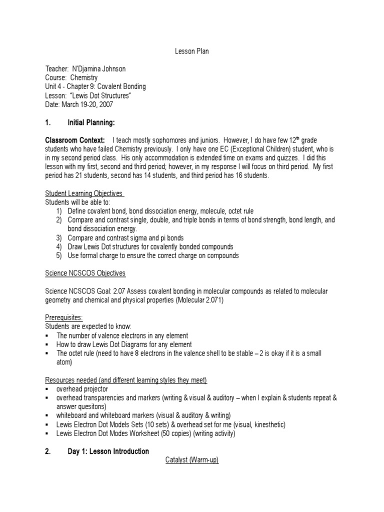 Assignment 4 Lesson Plan | PDF | Covalent Bond | Chemical Bond