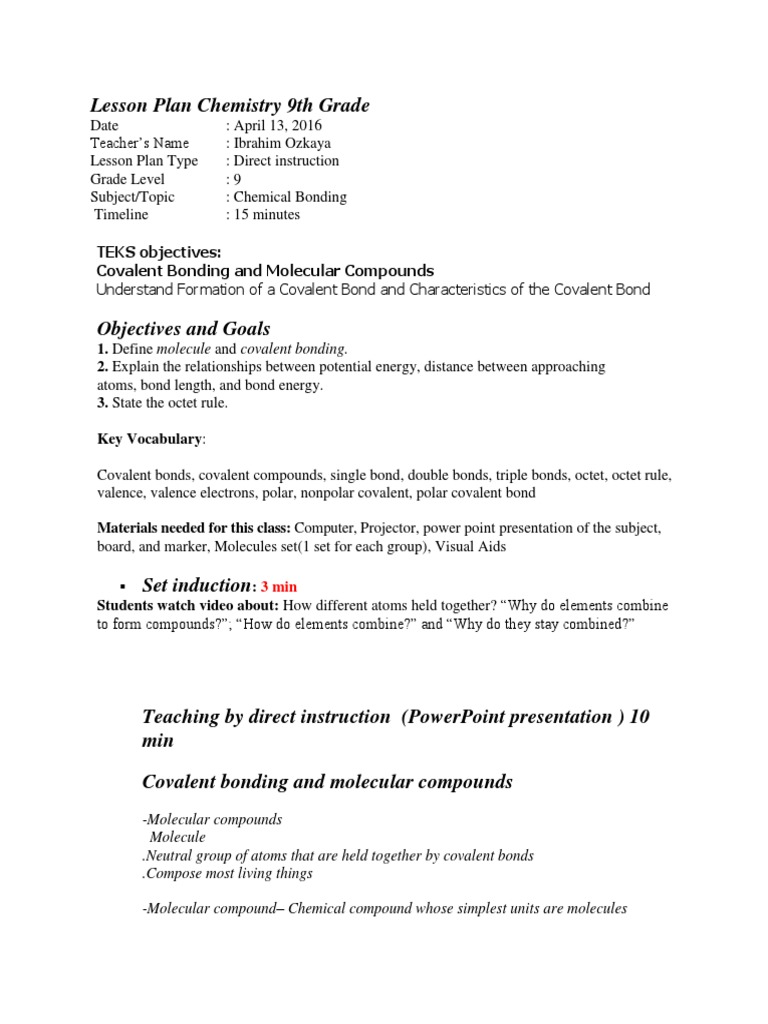 Lesson Plan Chemistry 9th Grade | Download Free PDF | Covalent Bond ...