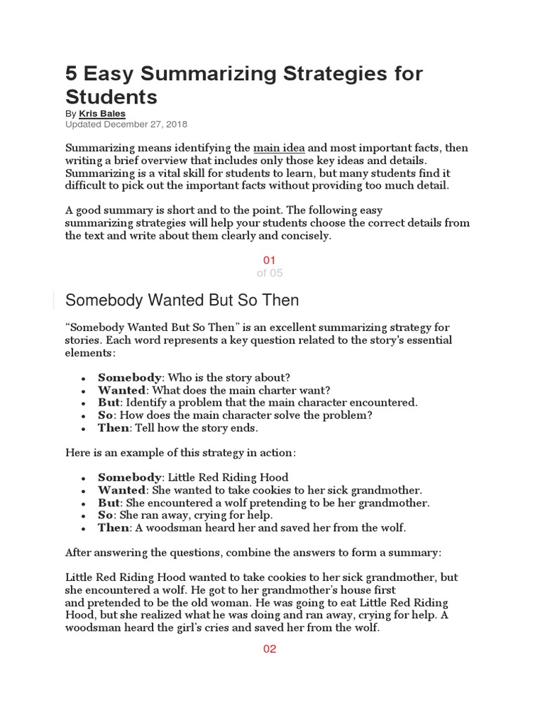 5 Summarizing Techniques for Students | PDF | Goldilocks And The Three ...