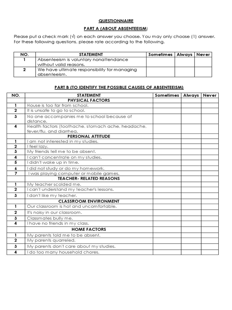 Questionnaire On Absenteeism | PDF | Classroom | Psychological Concepts