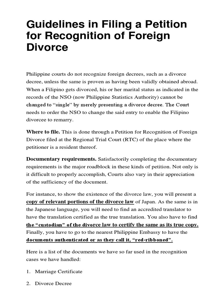 Guidelines in Filing A Petition For Recognition of Foreign Divorce | PDF | Divorce | Marriage