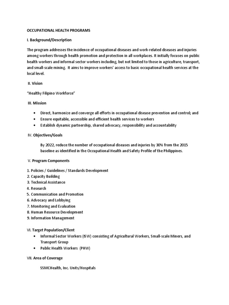 Occupational Health Program Overview | PDF | Occupational Safety And ...