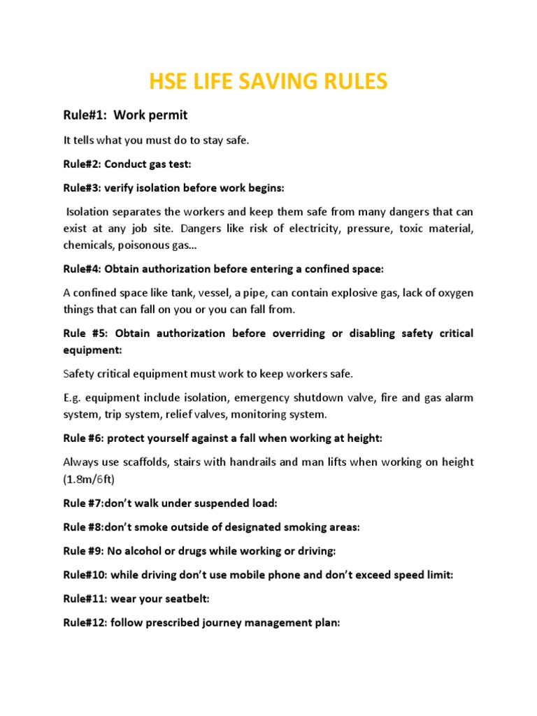 HSE Life Saving Rules Overview | PDF | Technology & Engineering