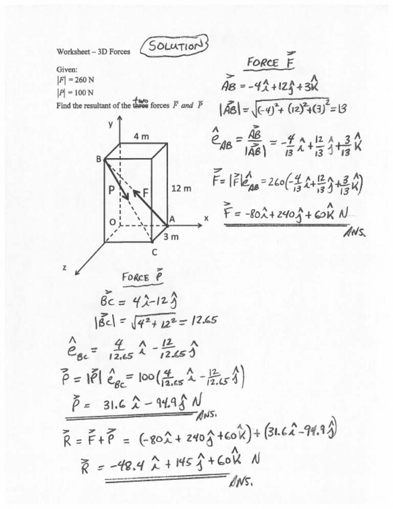 Worksheet-3D Forces Solution | PDF