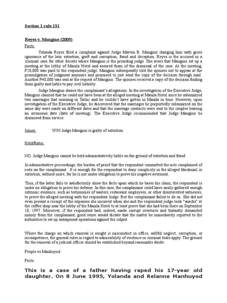 Section 1 Rule 131 Reyes v. Mangino (2005) | PDF | Prosecutor | Affidavit