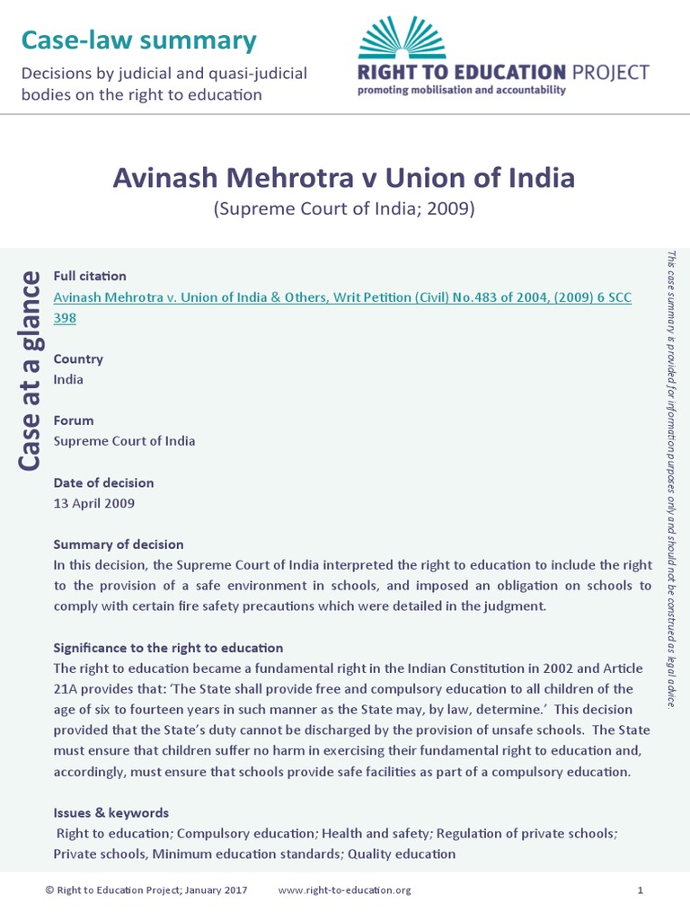 RTE Avinash Mehrotra V Union of India & Other 2017 en 0 | PDF | U.S. State | Judgment (Law)