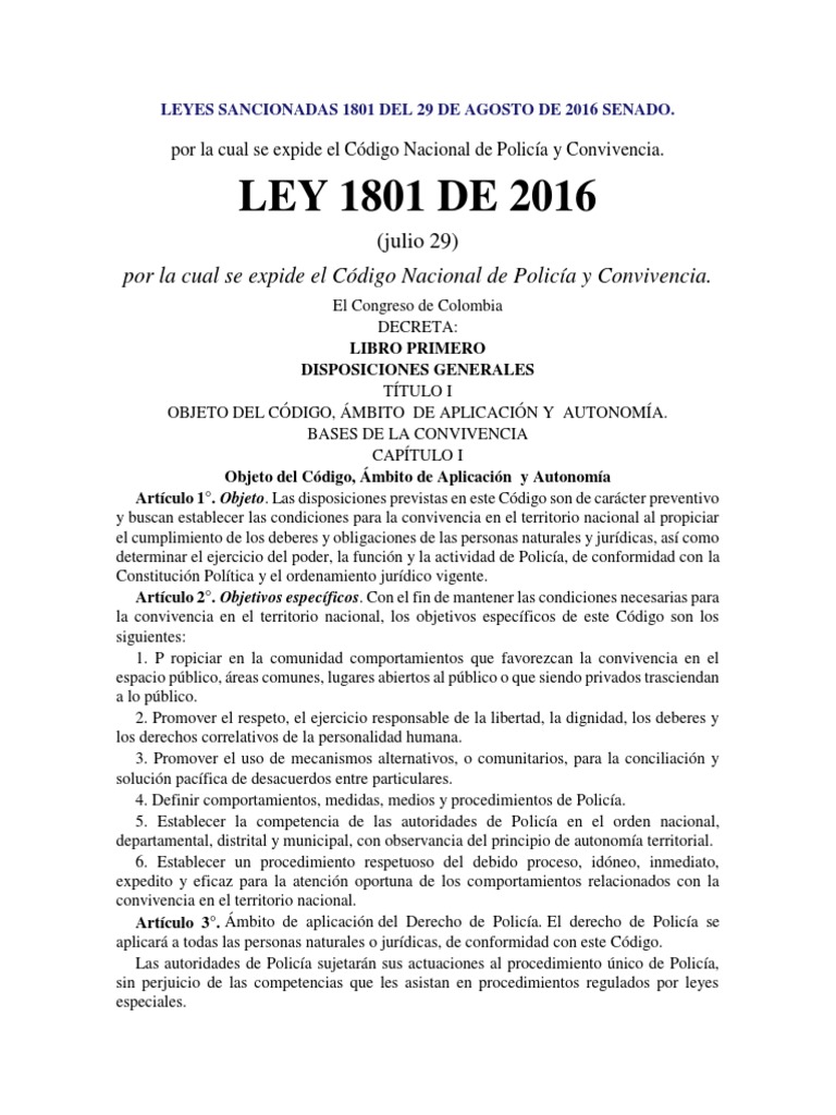 LEY 1801 DE 2016: por la cual se expide el Código Nacional de Policía y Convivencia | Policía ...