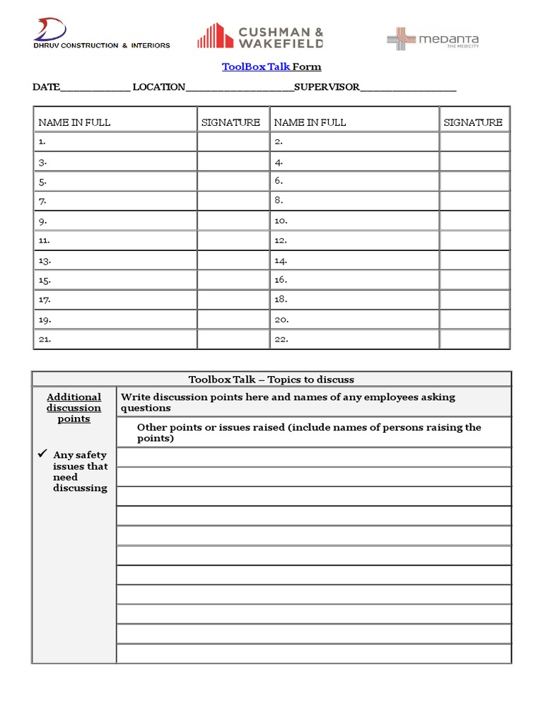 Toolbox Talk Form 1 | PDF