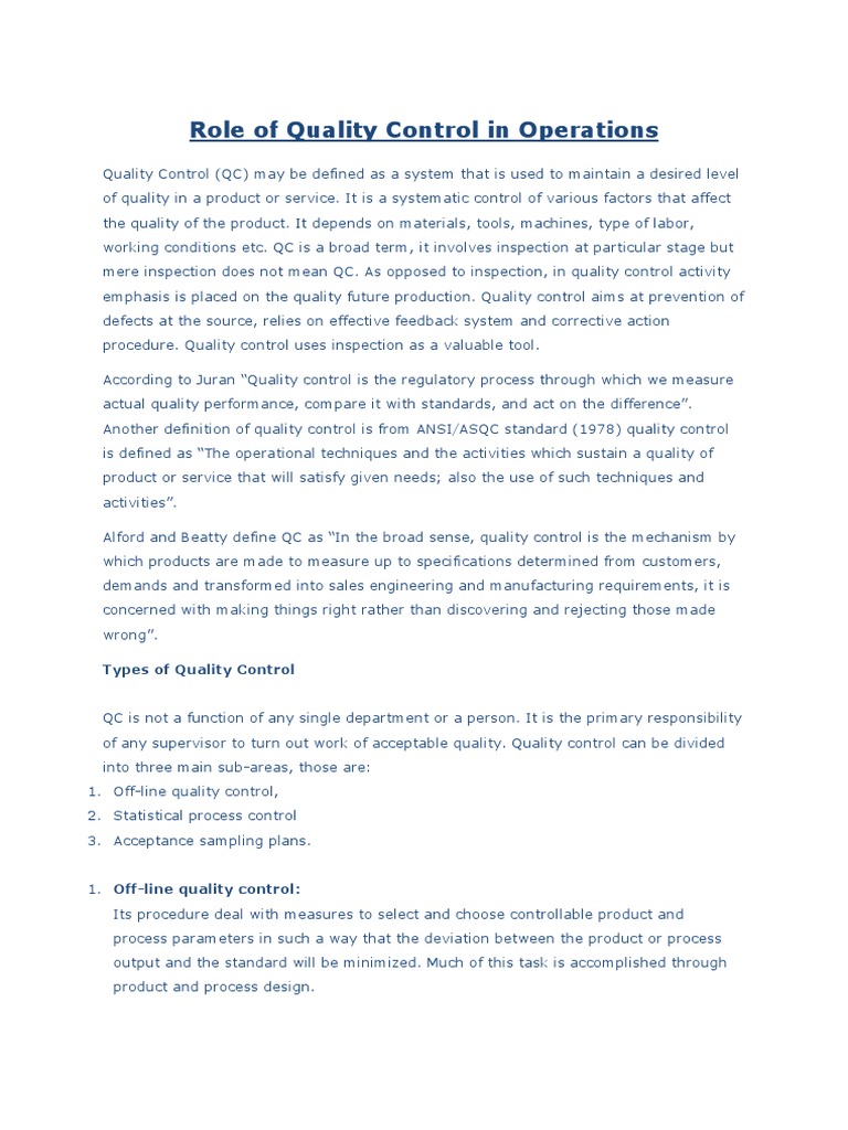 Role of QC & QA in Operations | PDF | Quality Assurance | Quality ...