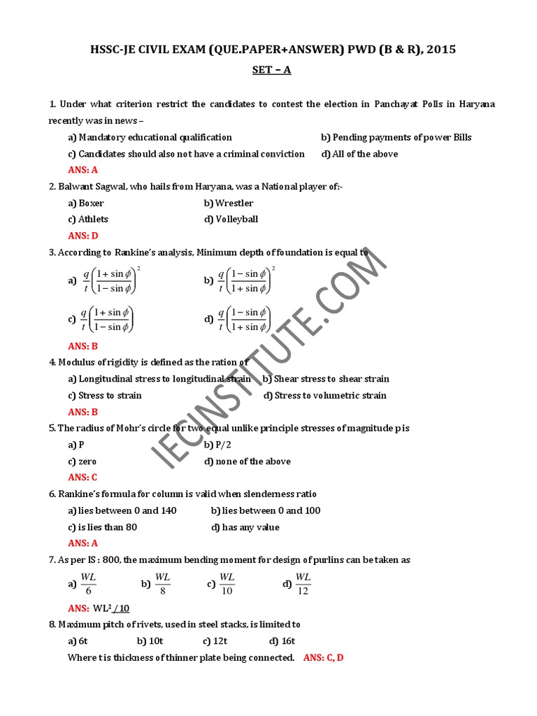 Hssc-Je Civil Exam (Que - Paper+Answer) PWD (B & R), 2015: SET - A | PDF | Concrete | Stress ...