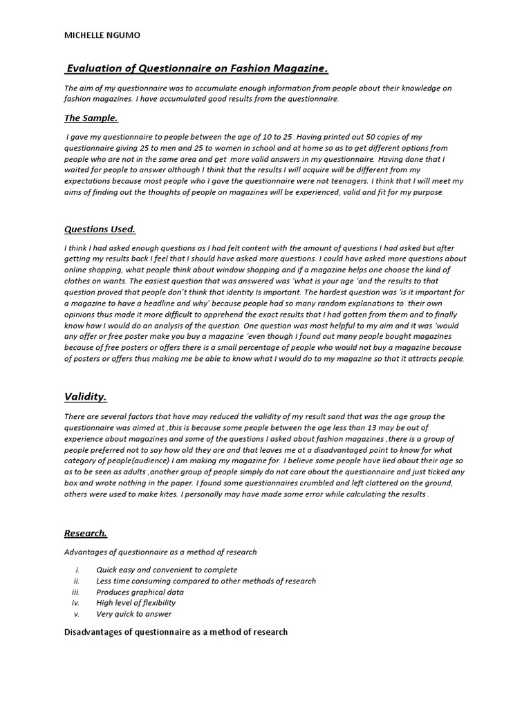 Evaluation of Questionnaire On Magazines | PDF | Questionnaire | Question