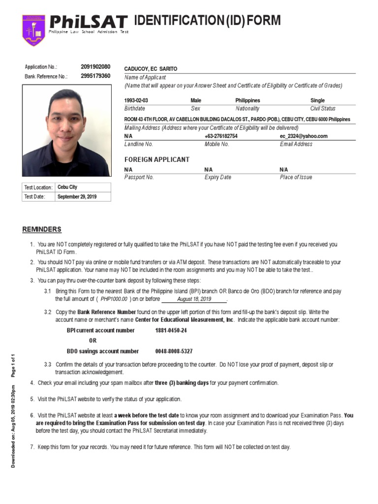 Identification (Id) Form: (Must Be SUBMITTED To The Watcher On The Day ...