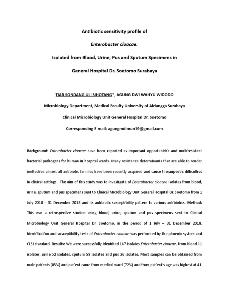 Antibiotic Sensitivity Profile Of: Enterobacter Cloacae | PDF