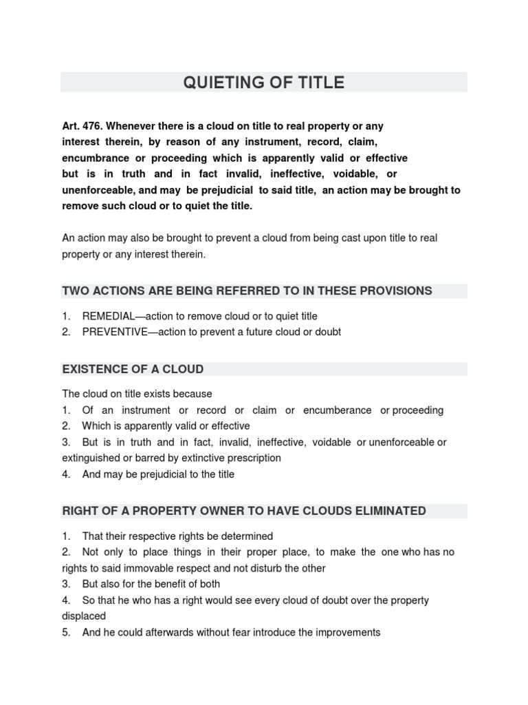 Quieting of Title: Two Actions Are Being Referred To in These ...