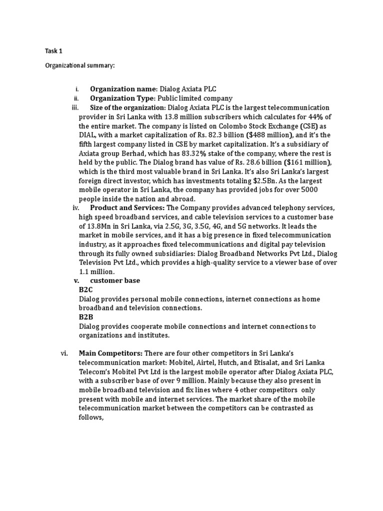 Organization Name: Dialog Axiata PLC Organization Type: Public Limited ...